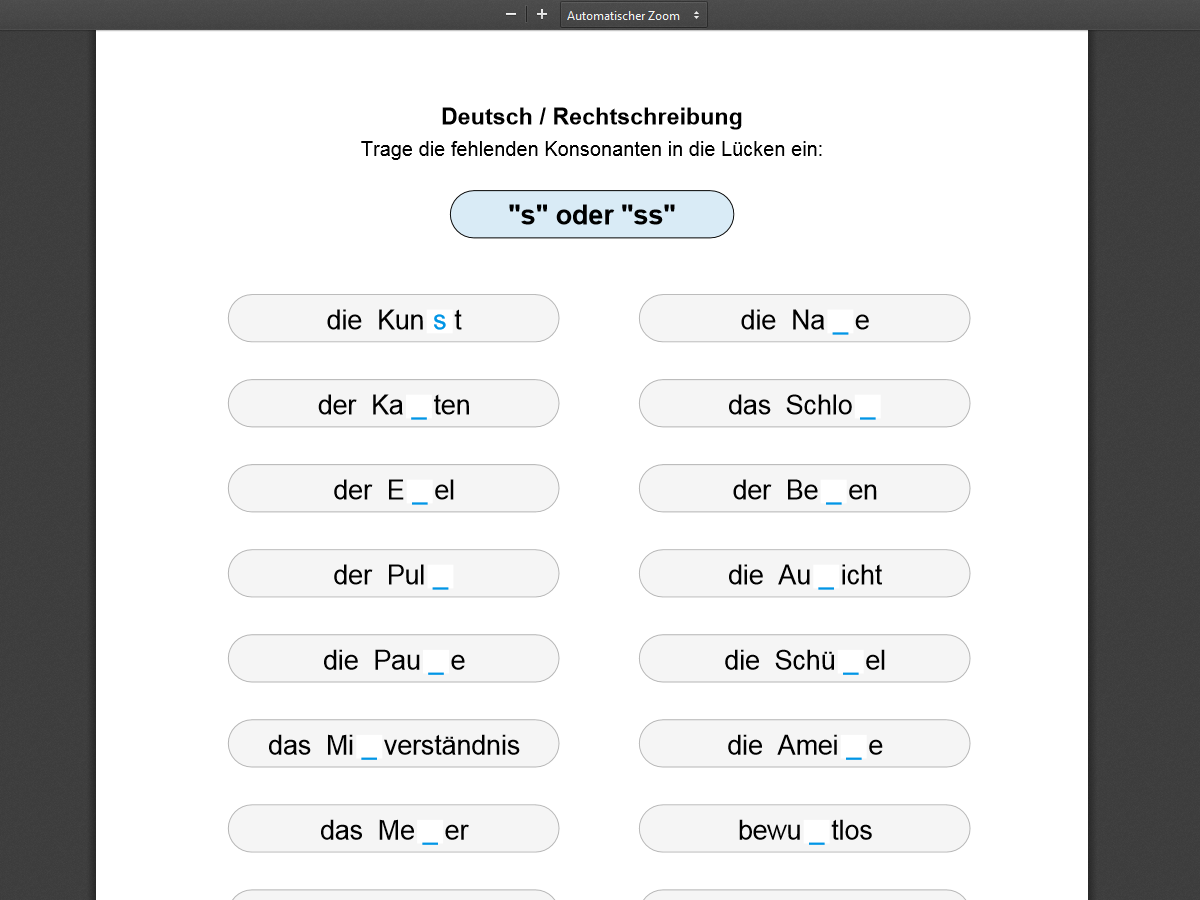 IDeRBlog ts: AB 017) "s" oder "ss" Einsetzaufgabe